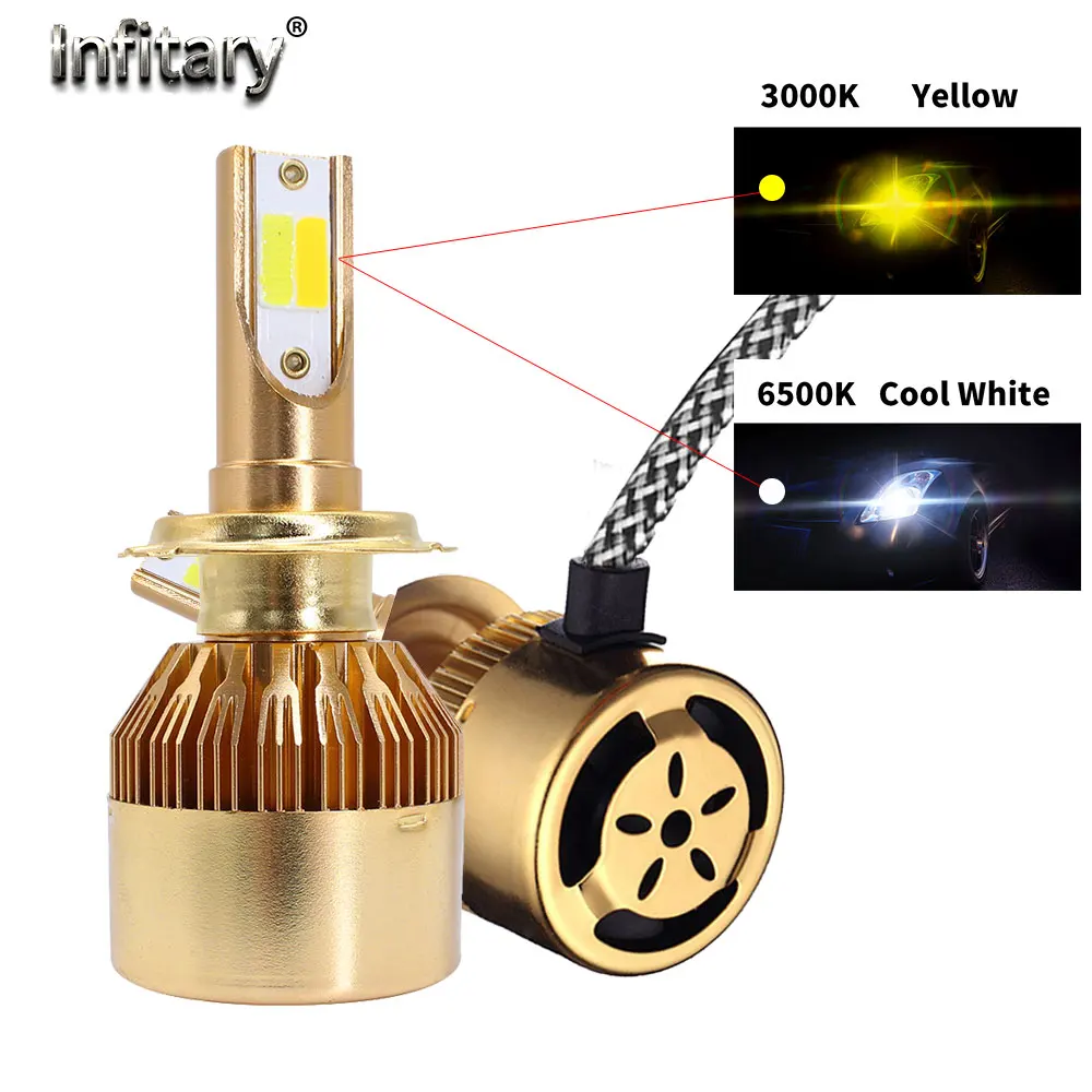 Infitary-Golden-2-Color-LED-Headlight-H7-H4-Bulb-For-Car-Auto-3000K ...