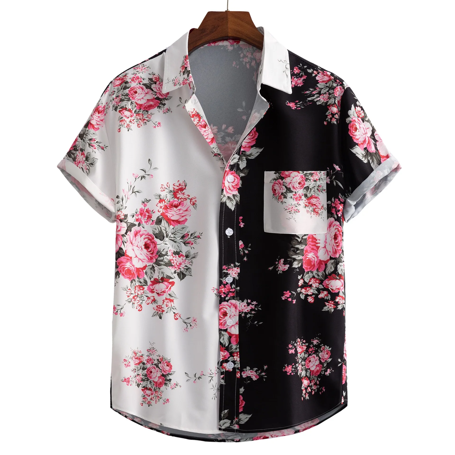Colorblock-Shirts-For-Men-Floral-Print-Short-Sleeves-Turn-down-Collar ...