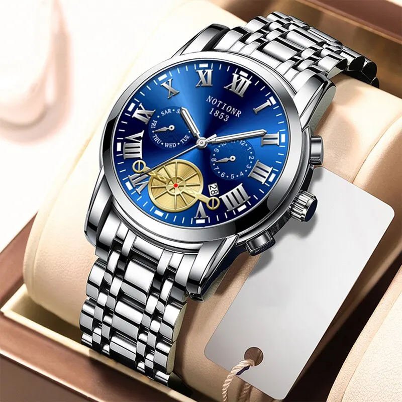 Luxury Fashion Mens Watches Luminous Waterproof Silver Stainless Steel ...