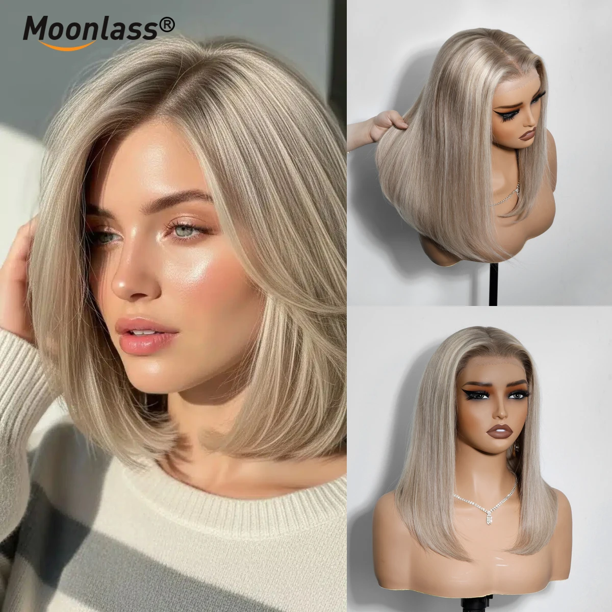 Moonlass Highlight Stardust Grey Gold Blunt Cut Bob 100% Human Hair Wig ...