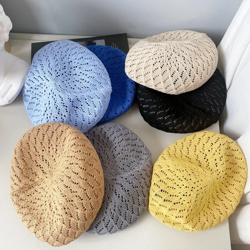 Summer-Beret-Hats-For-Women-Flat-Cap-Knit-Hollow-Beret-Hats-Lady-Girl ...