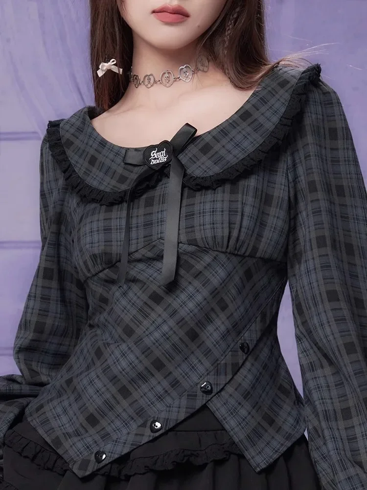 ADAgirl-Vintage-Grey-Plaid-Blouse-Women-Preppy-Style-Peter-Pan-Collar ...