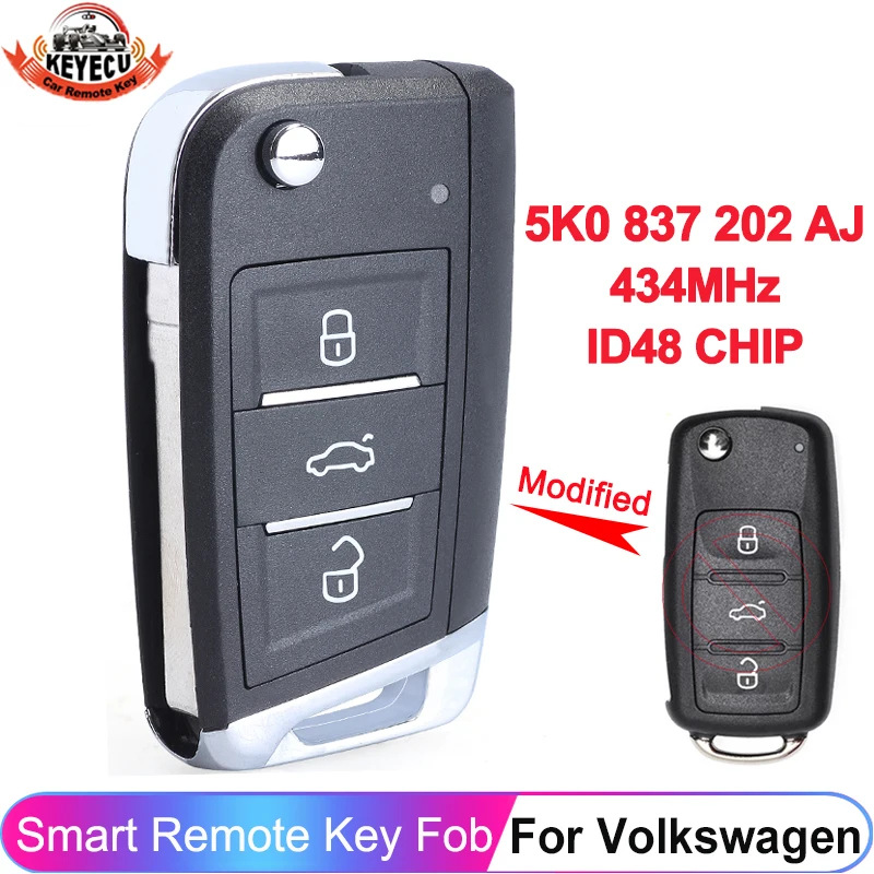 KEYECU 5K0 837 202 AJ Atualizado Remoto Key Fob Para VW Volkswagen ...