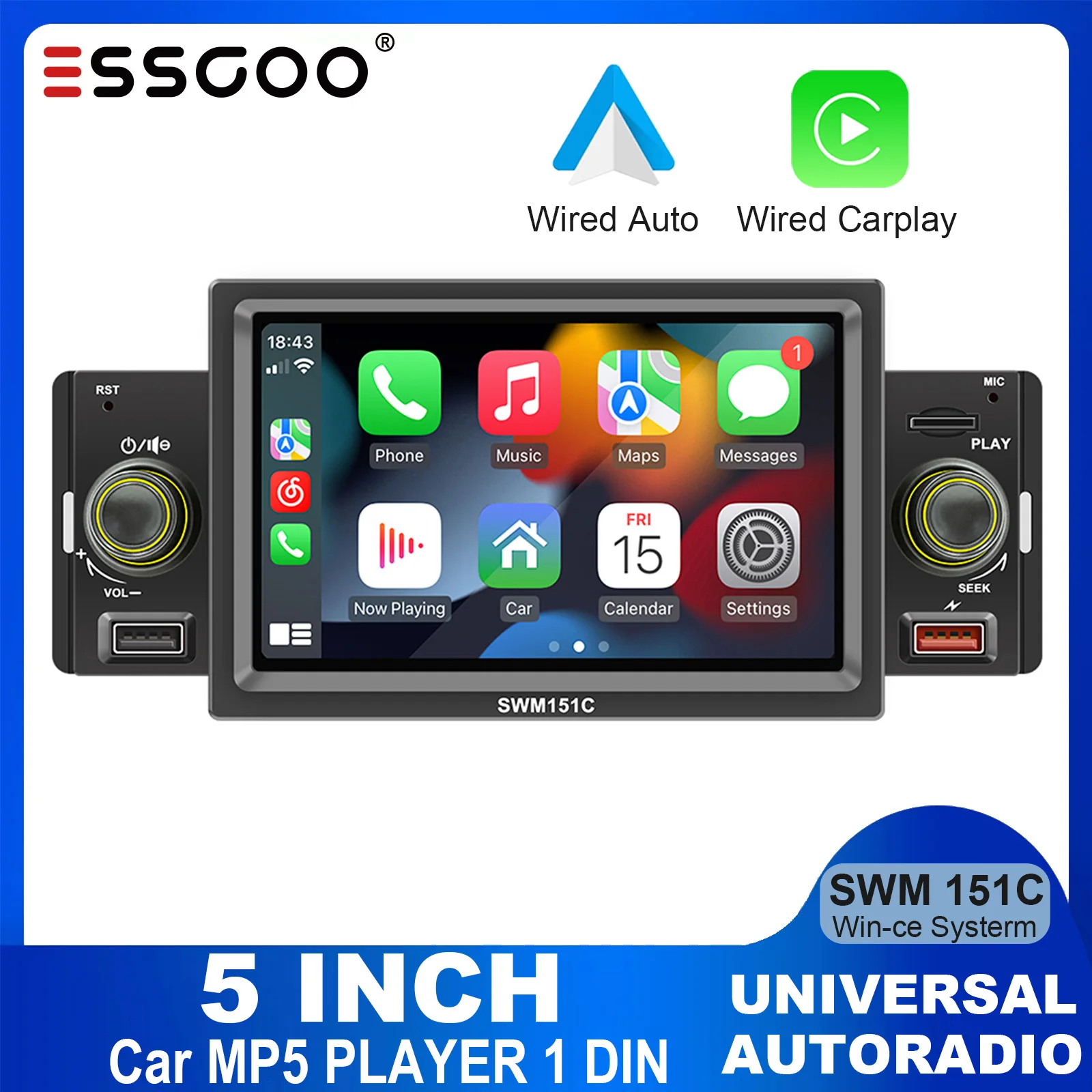 Essgoo universal rádio do carro 1 din 5 "central multimídia mp5 player carplay android carro ...