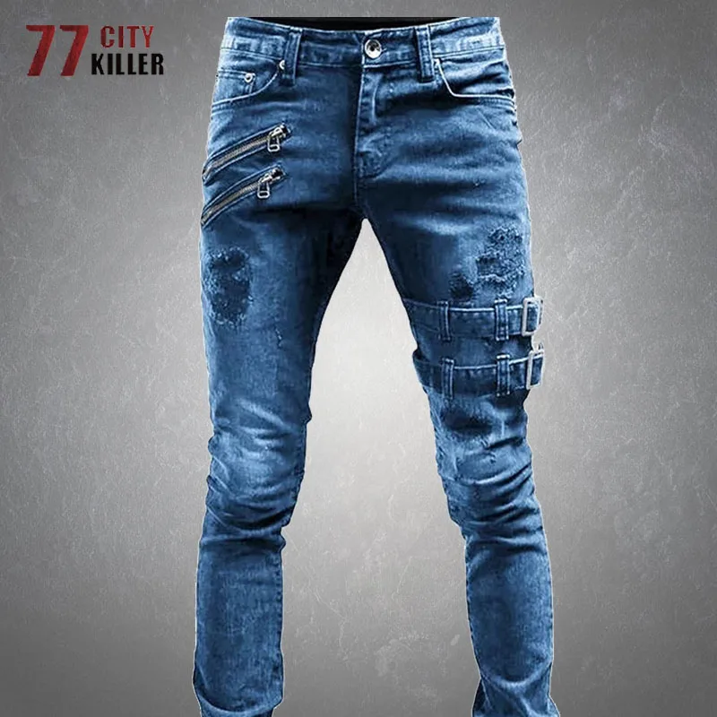 2022 New Motorcycle Jeans Men Fashion Design Tight Zip Hole Denim Pants ...