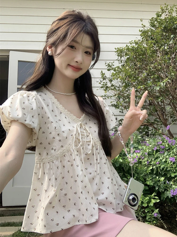 Zoki Swet Floral Korean Shirt Women Casual Puff Sleeve Vintage Blouse ...