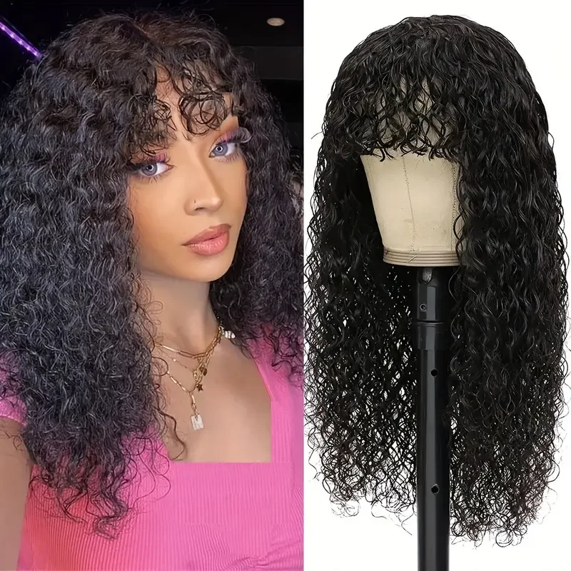Water-Wave-Human-Hair-Wigs-With-Bangs-for-Women-Kinky-Curly-Wig-With ...