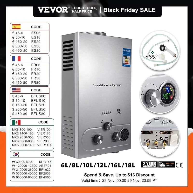 VEVOR LPG Gas Propane 6L/8L/10L/12L/16/18L Hot Water Heater EU Fast ...