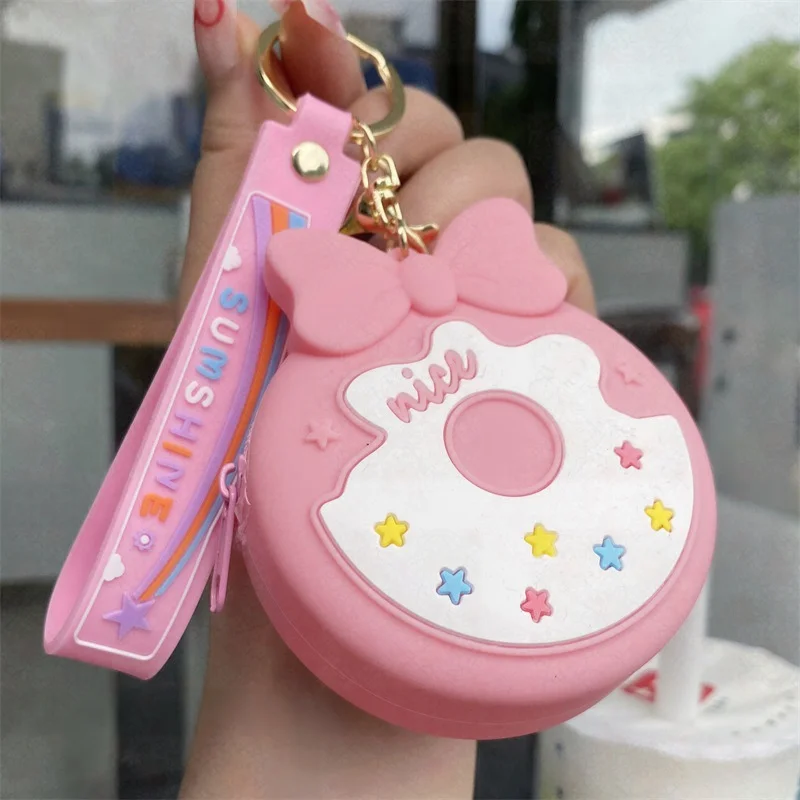 Cartoon Donut Coin Purse Key Chain Silicone Mini Bow Storage Key Ring Pendant Student Bag Key ...