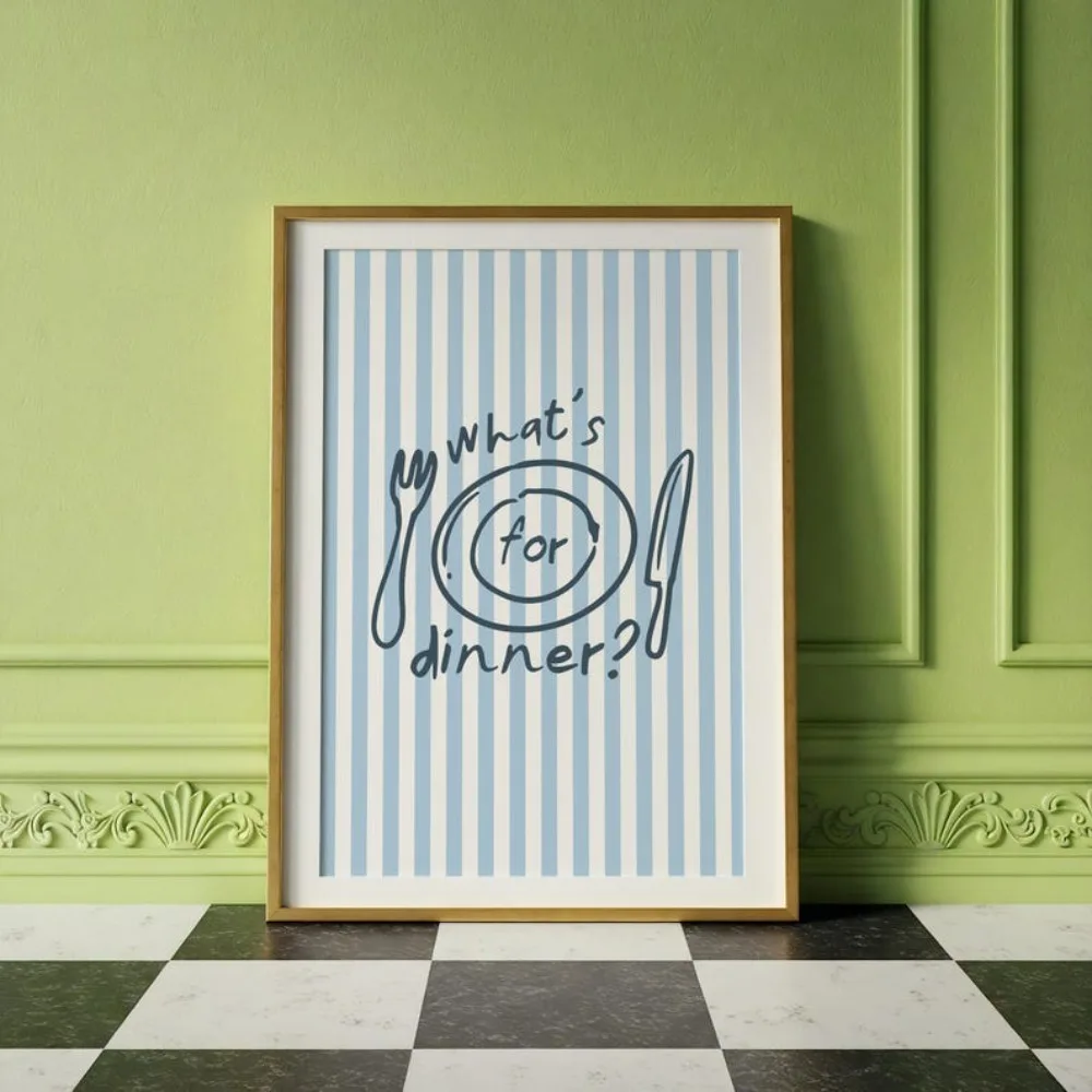 What's for Dinner Print,Vertical Striped Blue and White Stripe Foodie ...