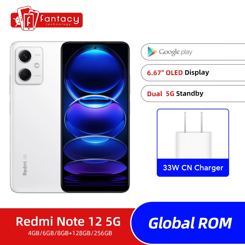 Xiaomi-Redmi Note Global ROM 12 5G, 128GB, 256GB, Tela OLED de 6,67 ...
