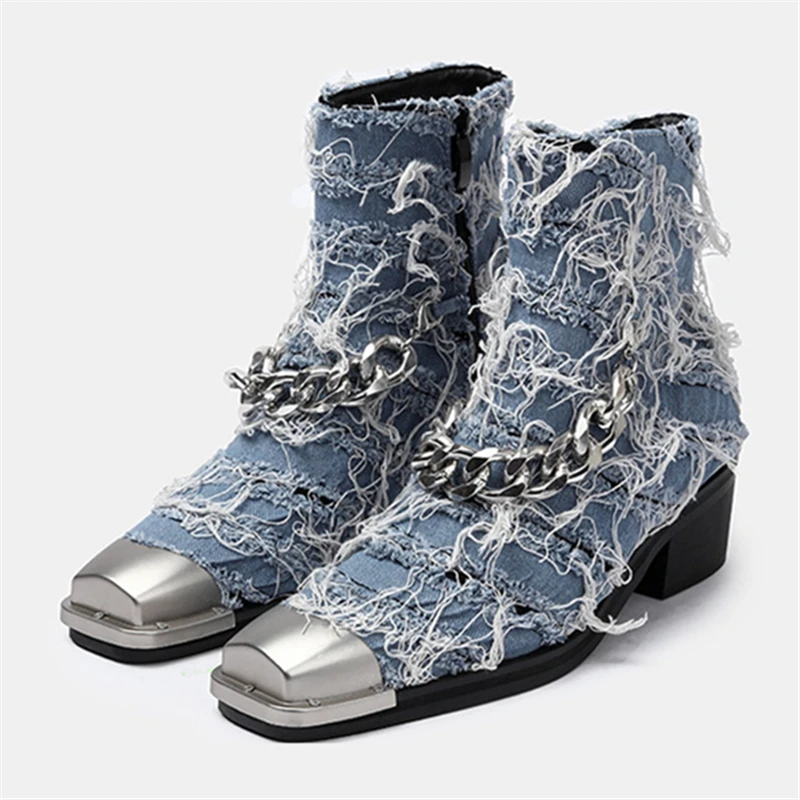 Botas de cowboy ocidental para mulher metal praça dedo do pé denim bota ...