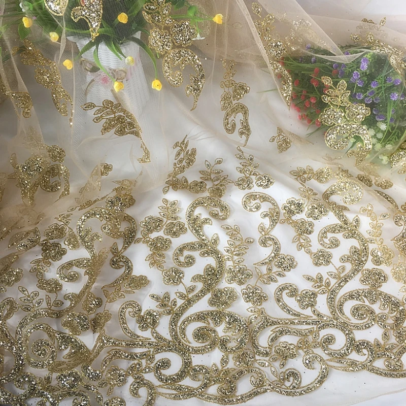 Shiny Hot Drilling Gold Powder Bronzing Mesh Lace Fabric Wedding Dress ...