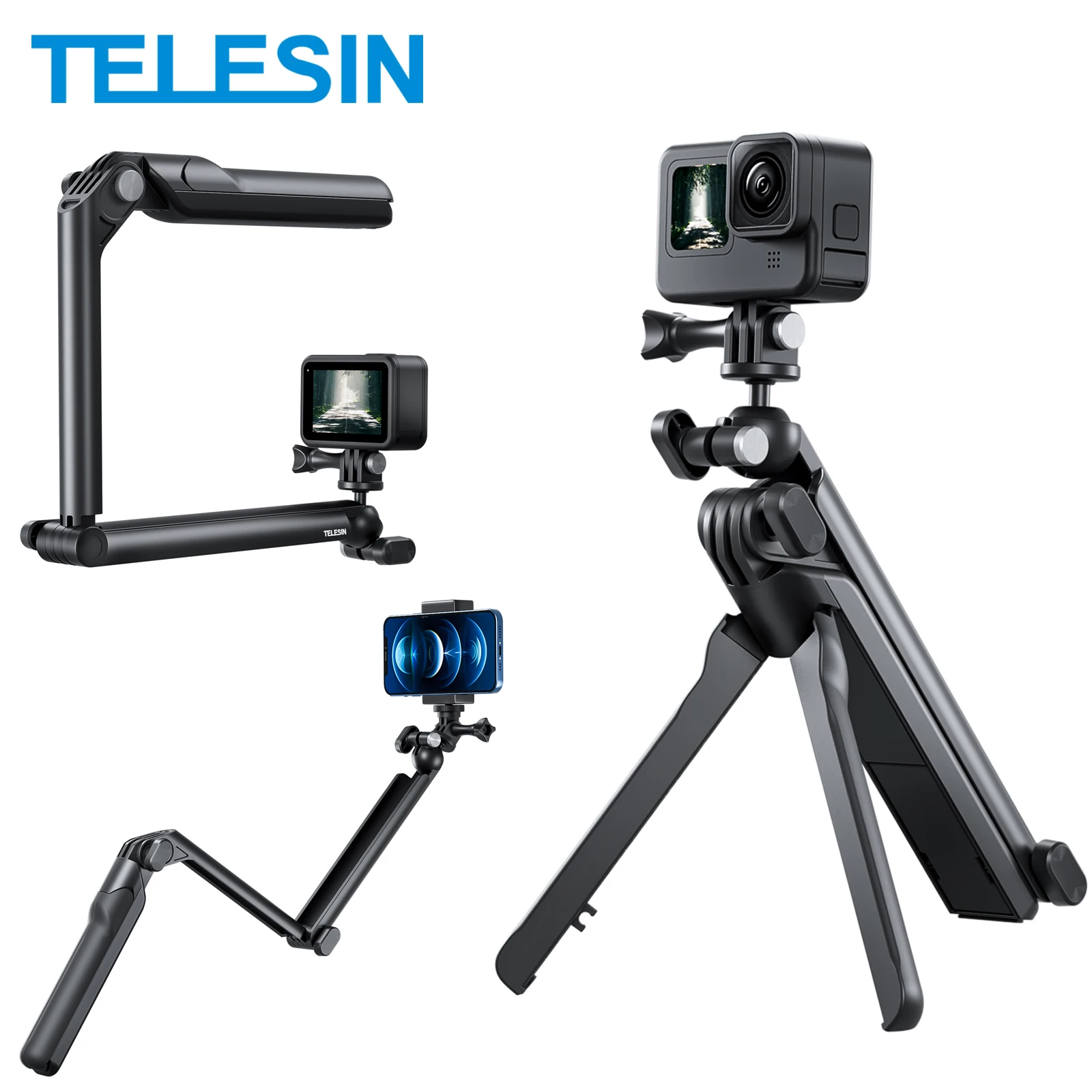 TELESIN-4-ways-Selfie-Stick-with-Tripod-Hand-Grip-Pole-for-GoPro-Hero ...