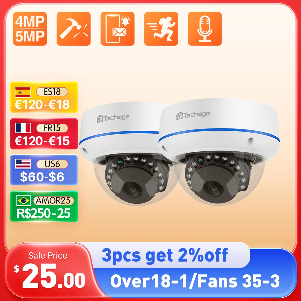 Techage-4MP 5MP 돔 보안 POE IP 카메라, 실내 파손 방지 IR-cut 나이트 비전 POE NVR CCTV 시스템을 위한 단방향 오디오 카메라