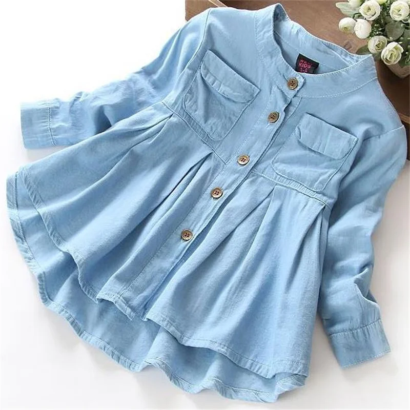 Light Blue Denim Girls Long Sleeve Shirts Children Baby Stand Collar ...