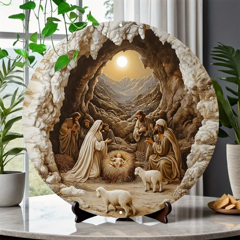 Creative Nativity Scene Christmas Aluminum Wall Art, Round Decor for ...