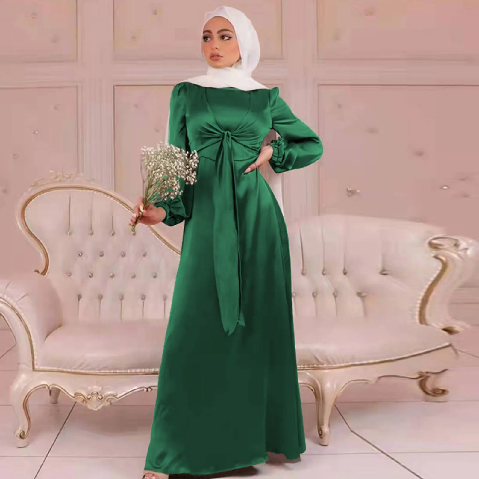 Muslim-Long-Dress-Women-Elegant-Wrap-Satin-Abaya-Front-Belted-Hijab ...