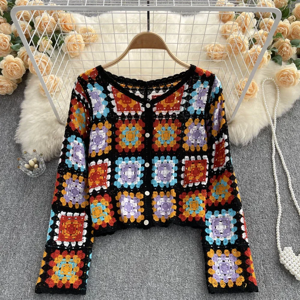Indie Folk Cardigans For Women Autumn Crochet Flower Hollow Out Long ...