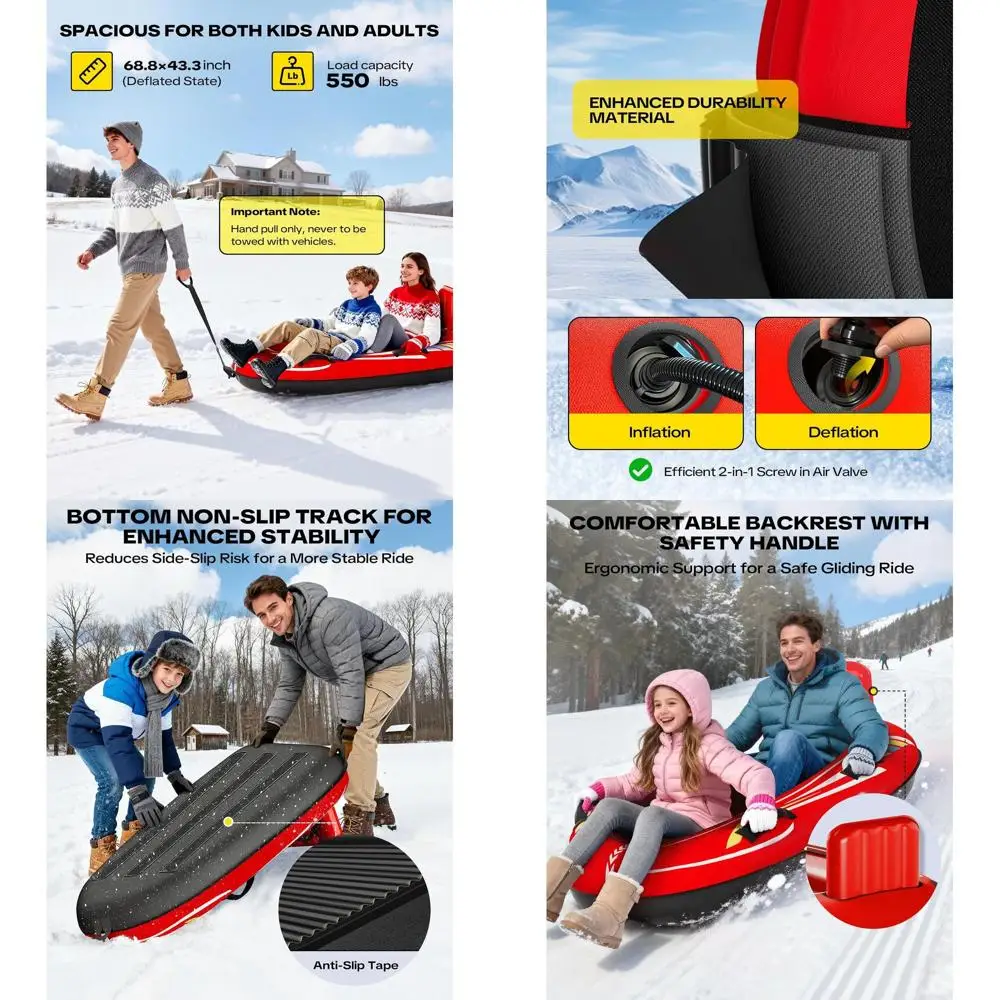 Durable 2-Person Snow Sled with Canvas Cover, Inflatable Tube with ...
