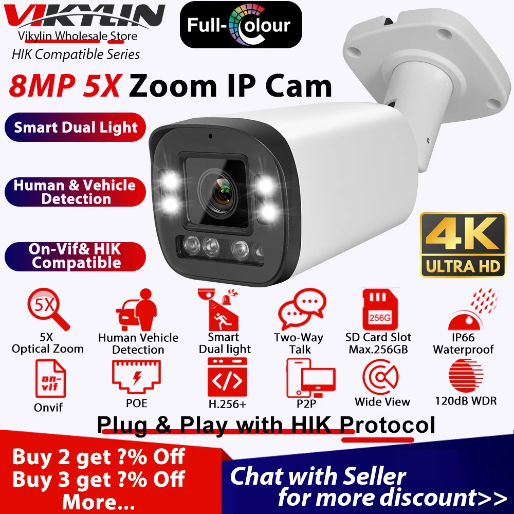 Vikylin-8MP-Full-Color-Bullet-Security-Camera-5X-Zoom-for-Hikvision ...