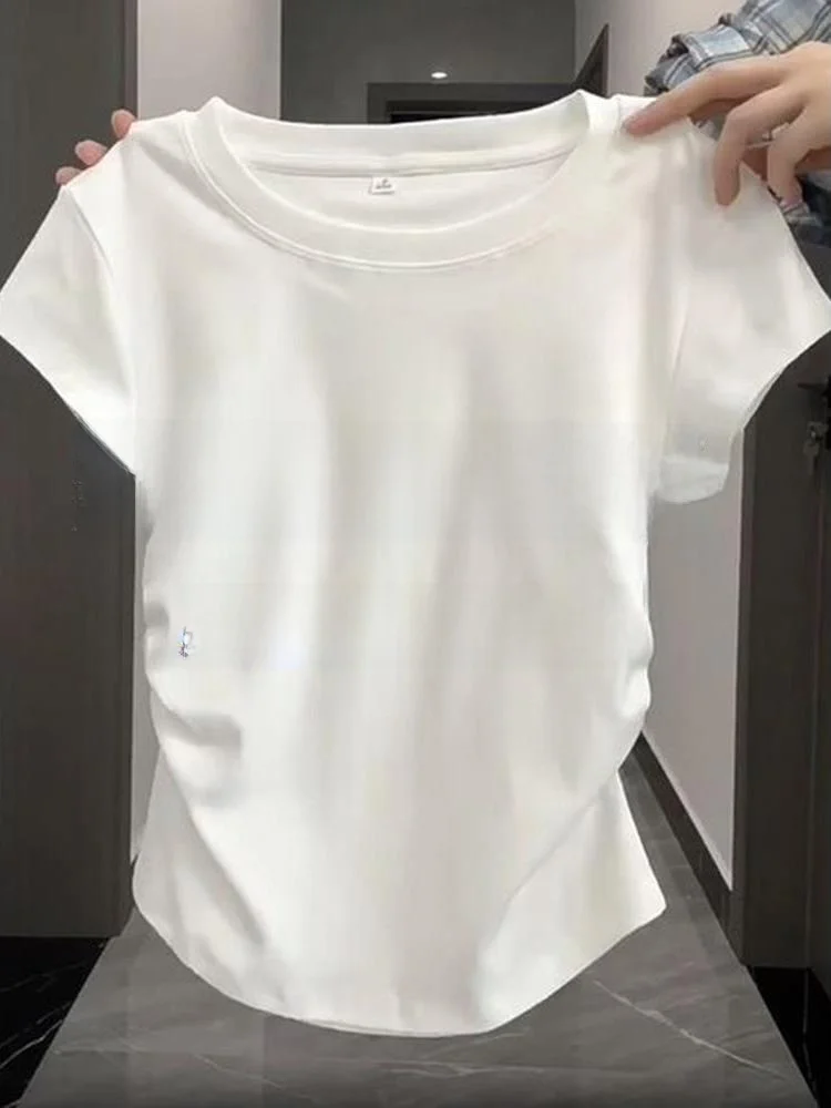 Summer Slim Fit White Pleated ort Sve T irt Women's Korean Sle Regular ...
