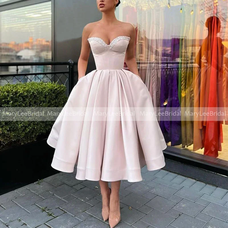 Luz Rosa Curto Vestidos De Baile Com Bolso Frisado Querida Cetim Formal ...