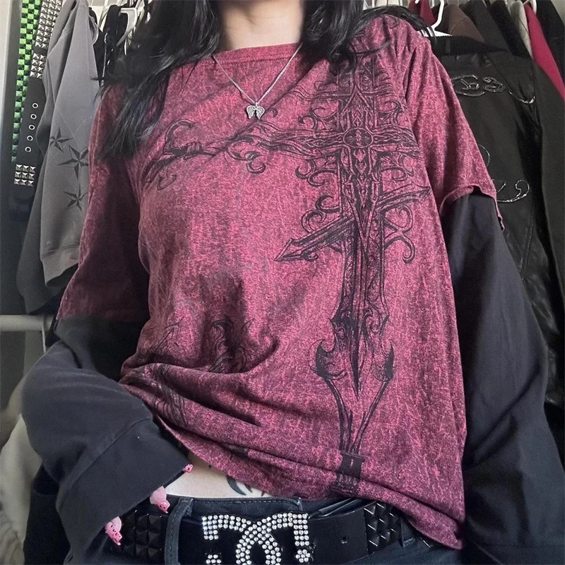 Y2K Grunge Emo T-shirt for Women 2000s Vintage Cybercore Goth Cross ...