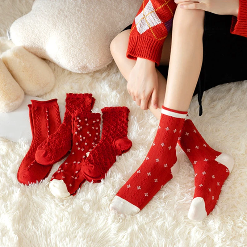 Calcetines-rojos-de-punto-en-relieve-para-mujer-calcetines-de-algod-n ...