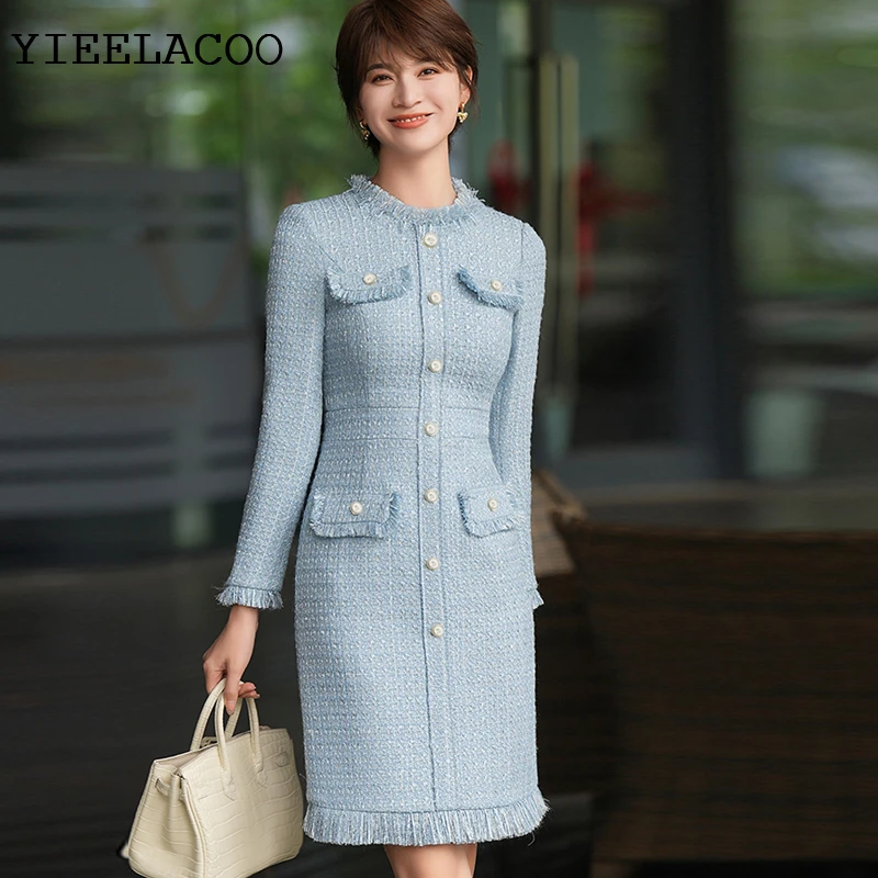 Light Blue Tweed Dress Long Sleeve Spring / Autumn Women's Dress Tassel ...