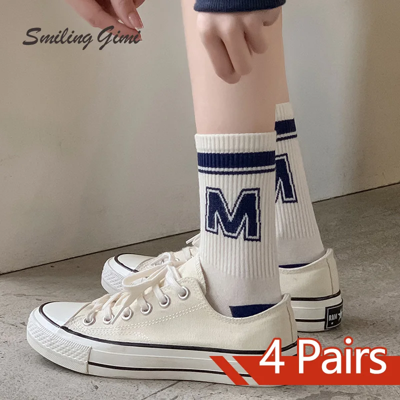 Blue-Sports-Socks-Striped-College-Style-Letter-Socks-Medium-Length ...
