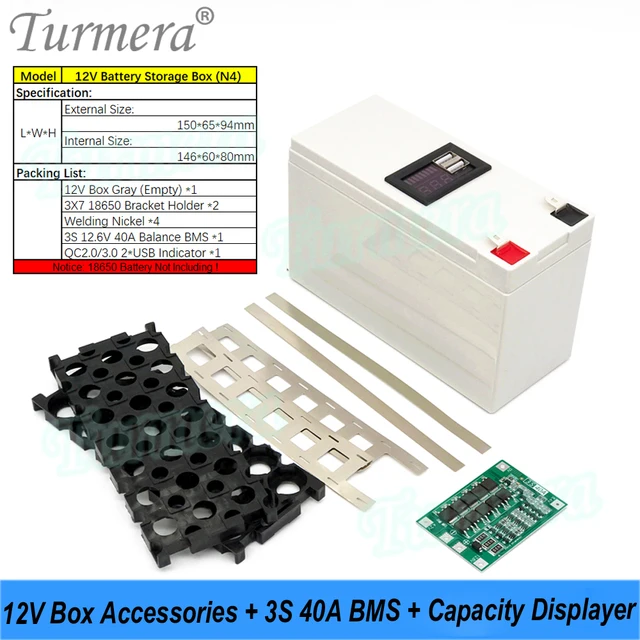 Turmera 12V Battery Box 3X7 18650 Holder 3S 40A BMS DC 12V to 5V QC3.0/ ...