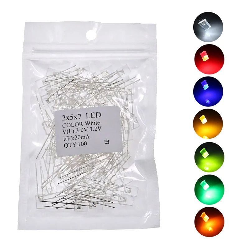 100pcs-pack-2x5x7-Square-LED-Emitting-Diode-Lamp-White-Red-Green-Blue ...