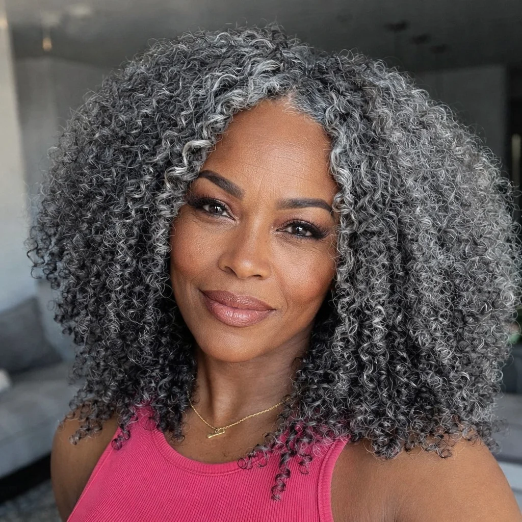 Soul Lady Grey Salt & Pepper Silky Jerry Curly Wig Human Hair V Part ...