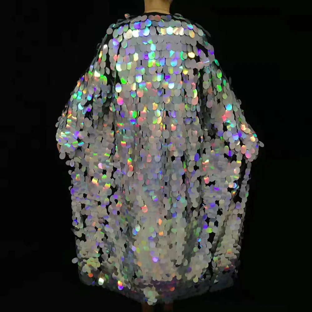 Glitter Silver Sequins Super Long Coat Male Women Stage Show Reflective ...