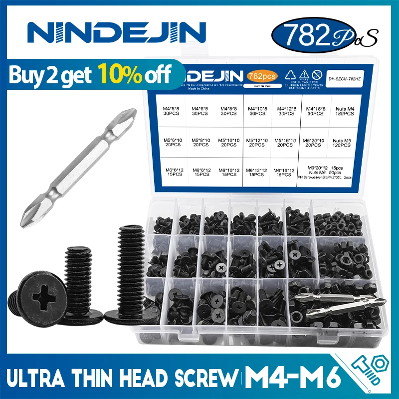 NINDEJIN-782pcs-Ultra-Thin-Head-Machine-Screw-Kit-M4-M6-Black-Carbon ...