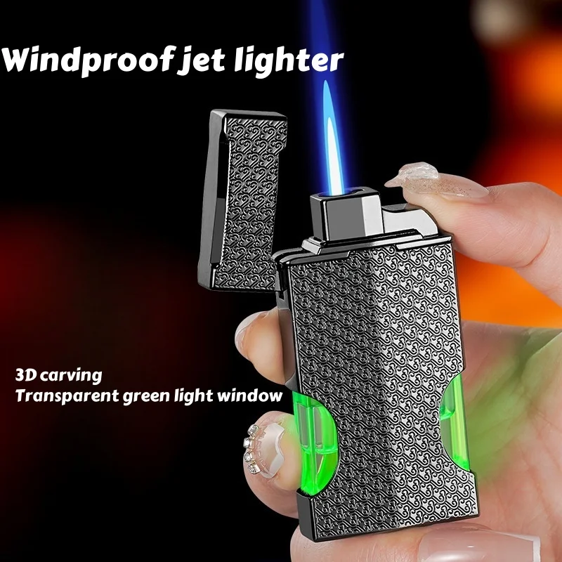 Metal 3D Carving Jet Gas Blue Fire Lighter Transparent Green Light ...