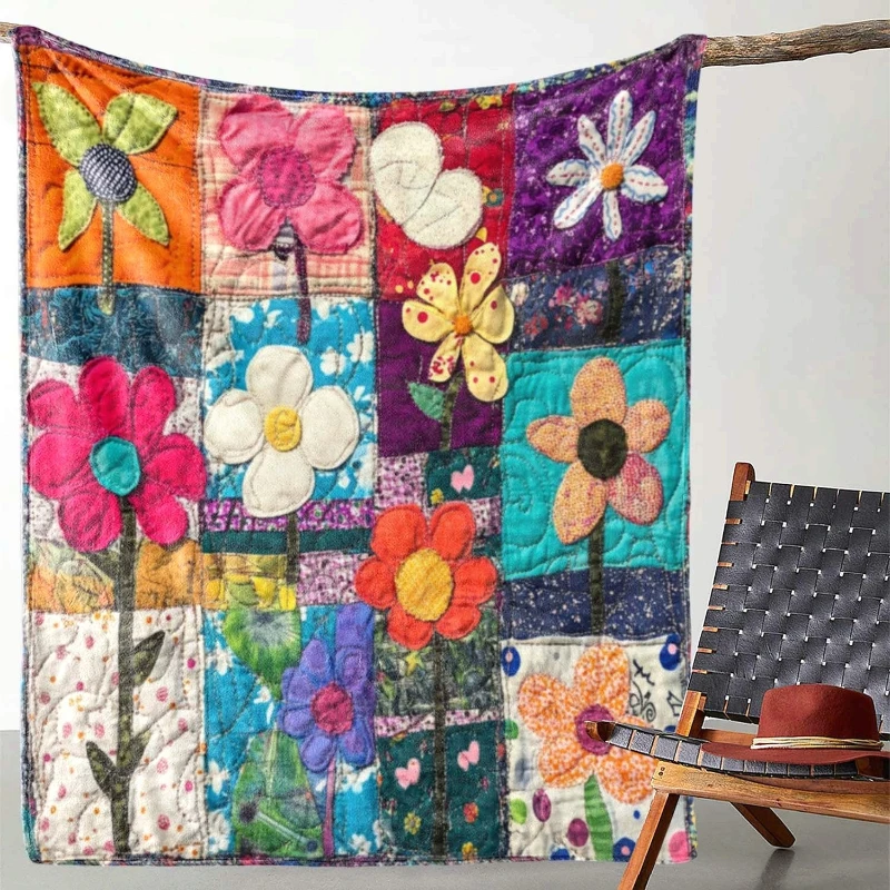 Spring Floral Patchwork Fleece Blanket Boho Quilted Flower Throw ...