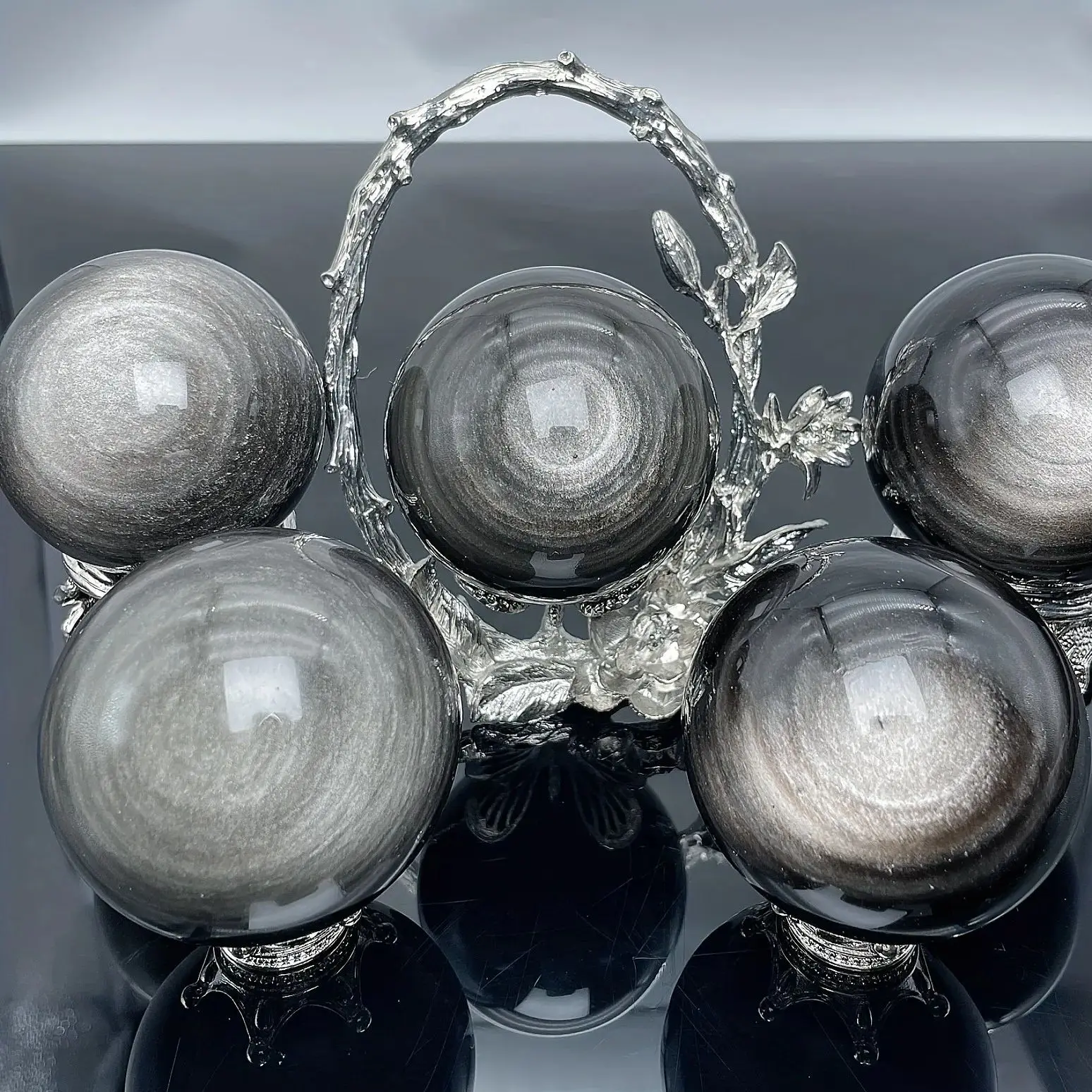 Natural Crystal Ball Obsidian Silver Sphere Obsidian Ball Therapy ...