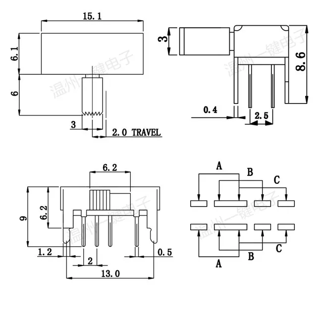 10Db Sk-23D06 2P3T 8Pin 2 Rögzített Csapteleppel Vízszintes Csúszó ...
