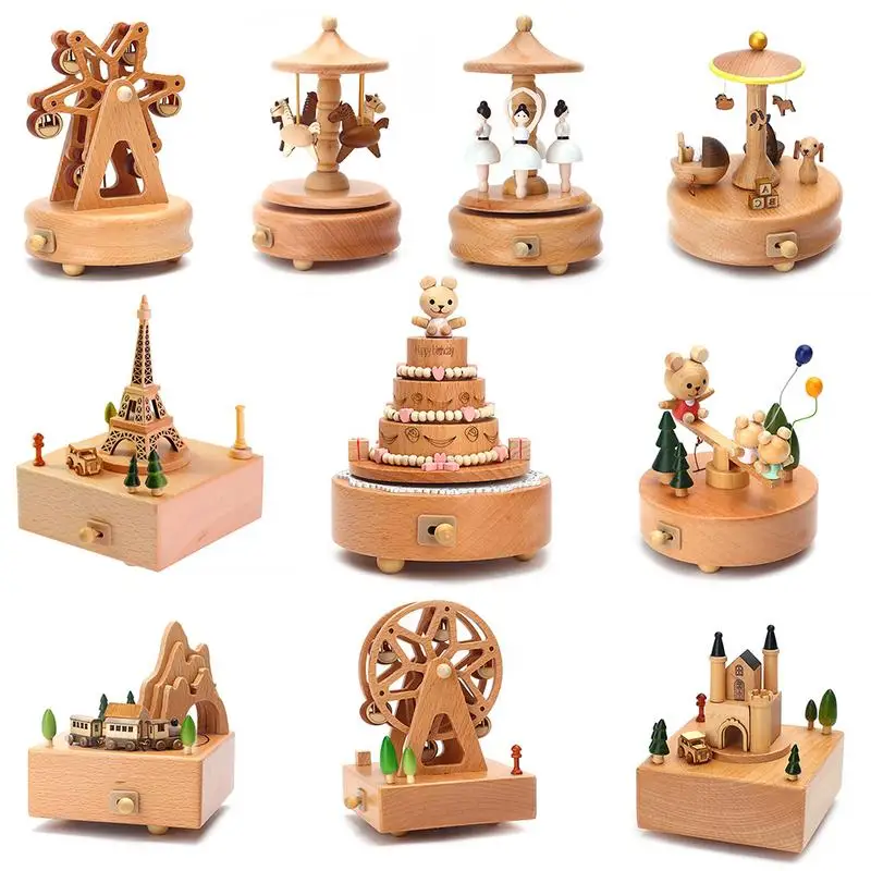 Carousel Musical Boxes Wooden Music Box Wood Crafts Retro Birthday Gift ...