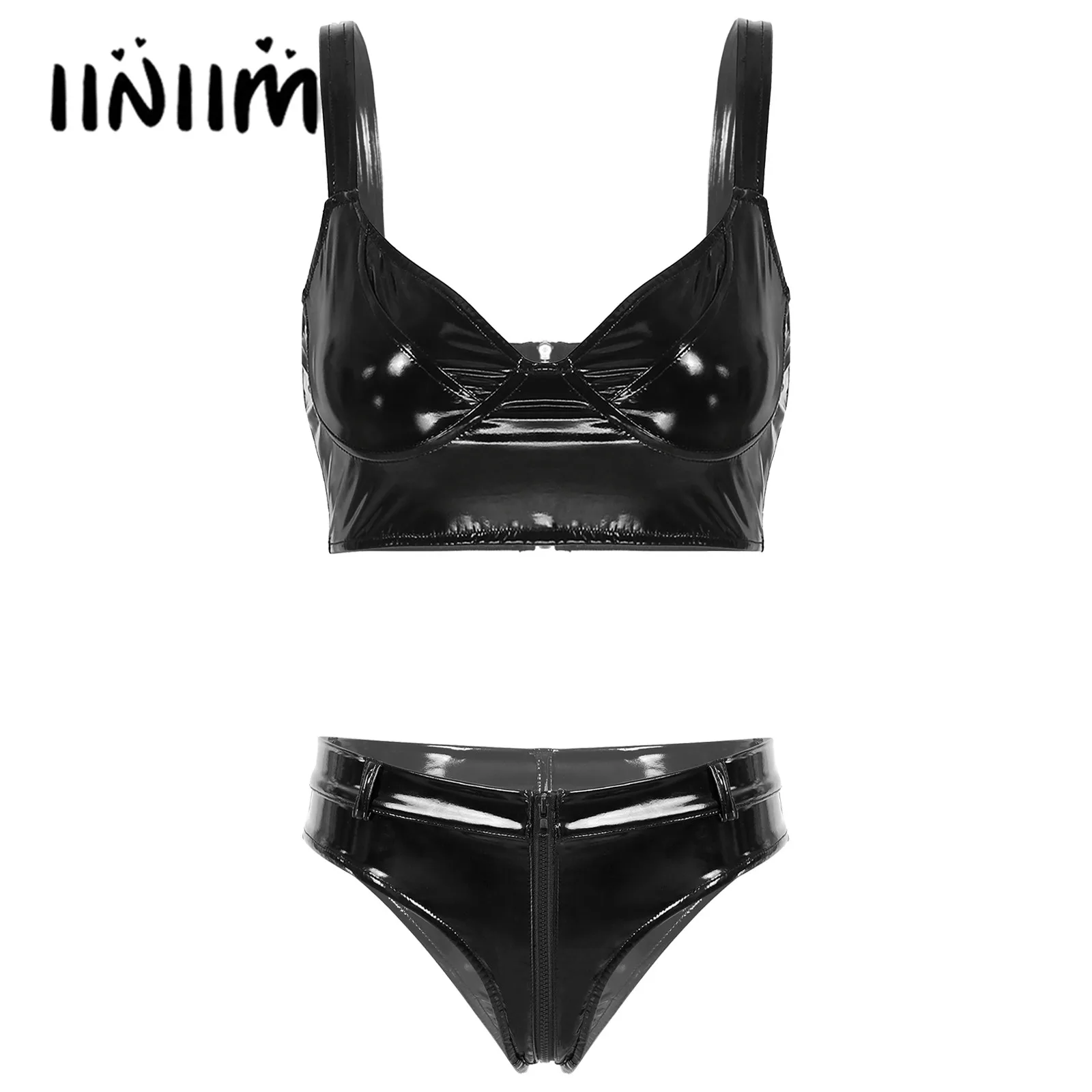 Womens Wet Look Patent Leather Lingerie Bra Set Clubwear Wireless Bra