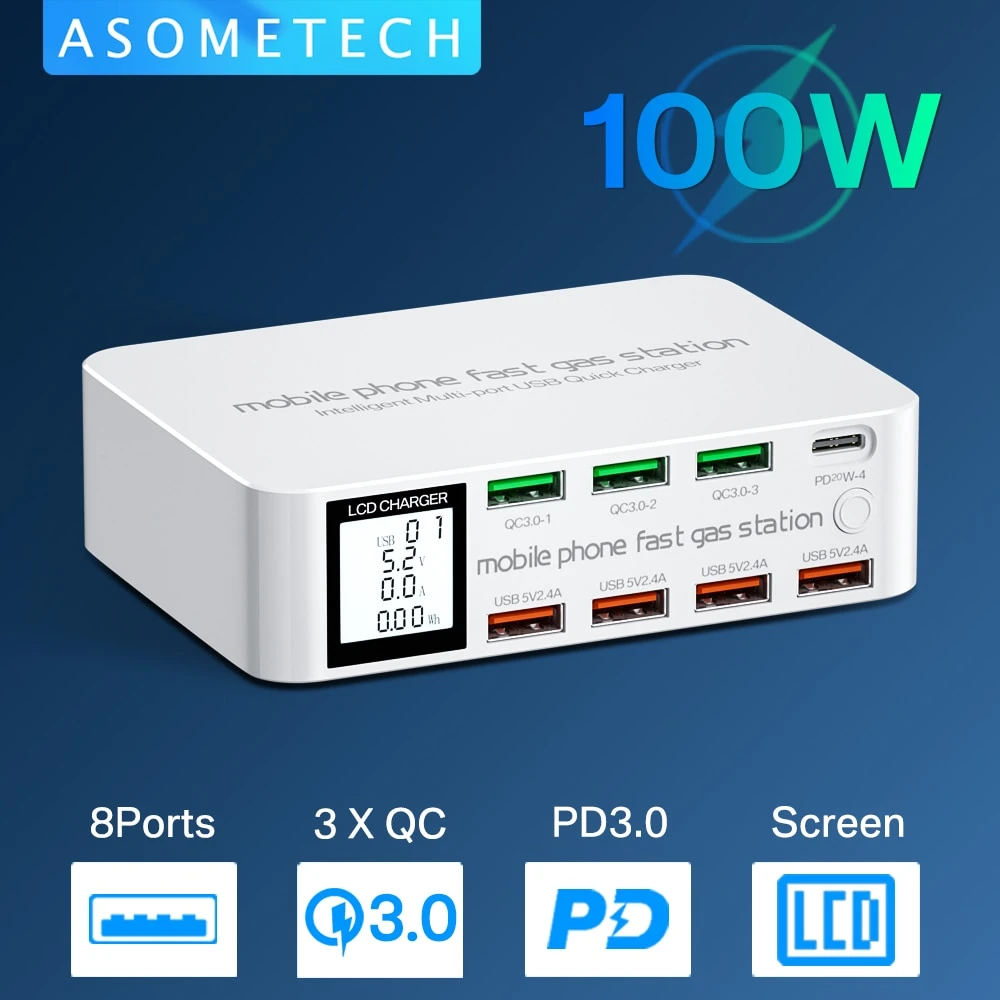 100W USB Ladestation Mit 3 QC 3,0 Schnell Ladung USB Port,20W PD USB Typ C Port,LCD Display ...