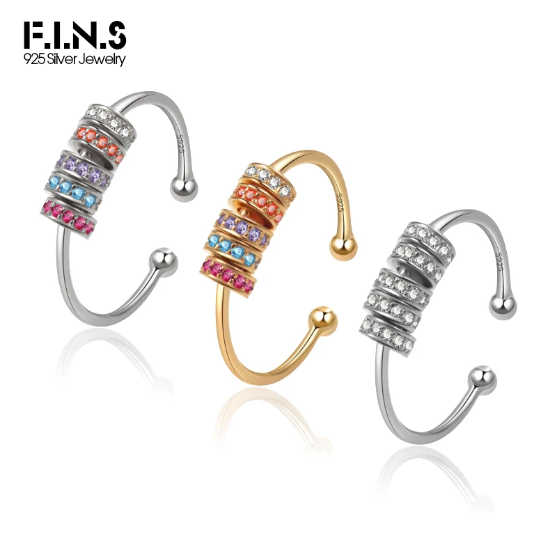 F.I.N.S S925 스털링 실버 컬러 지르콘, 자유롭게 회전 스트레스 방지, 불안 전달 구슬, 오픈 링, 조절 가능한 손가락 쥬얼리| | - AliExpress