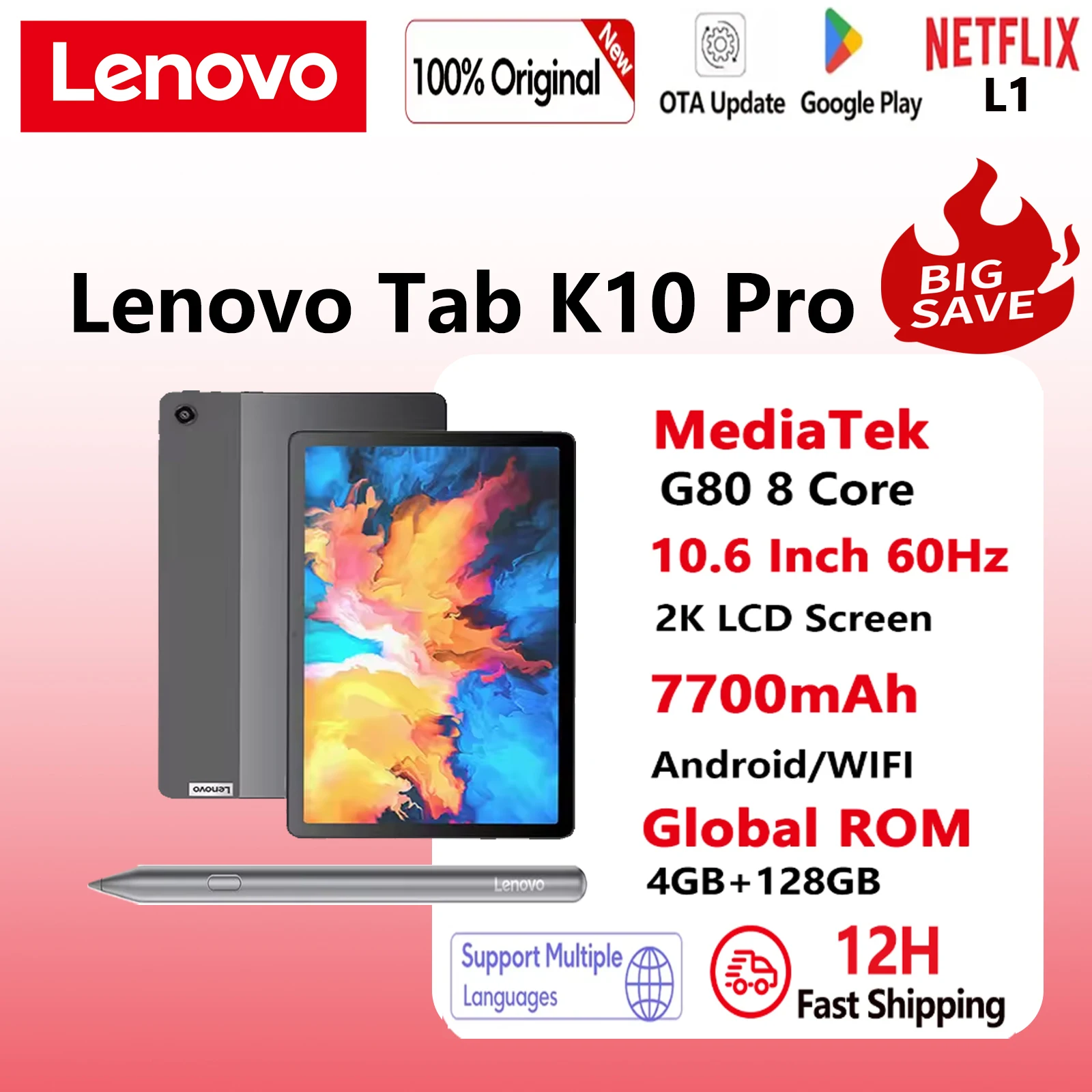 Original Lenovo Tab K10 Pro Global Rom 10.6 inch 60Hz 2K IPS Mediatek ...