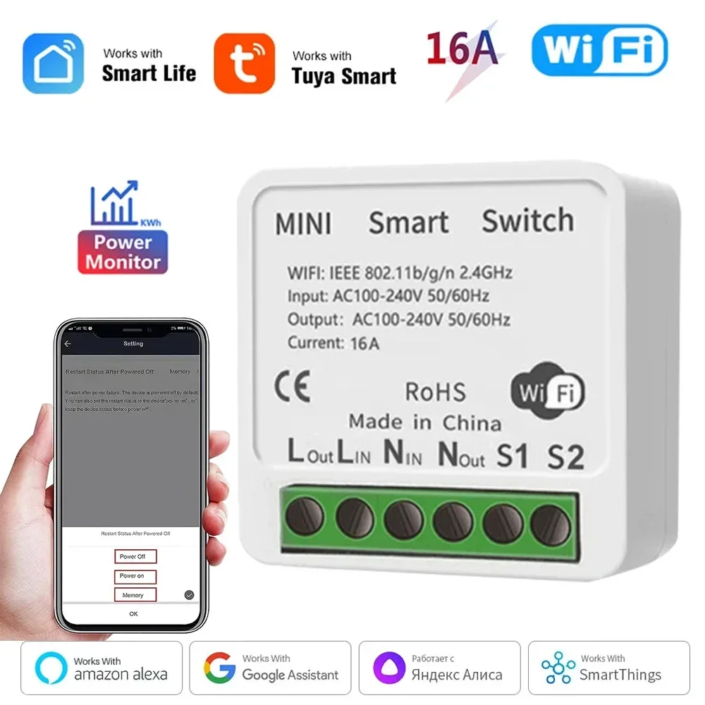 16A Tuya WiFi Smart Switch 2-way Control with Power Monitor Switch Mini ...