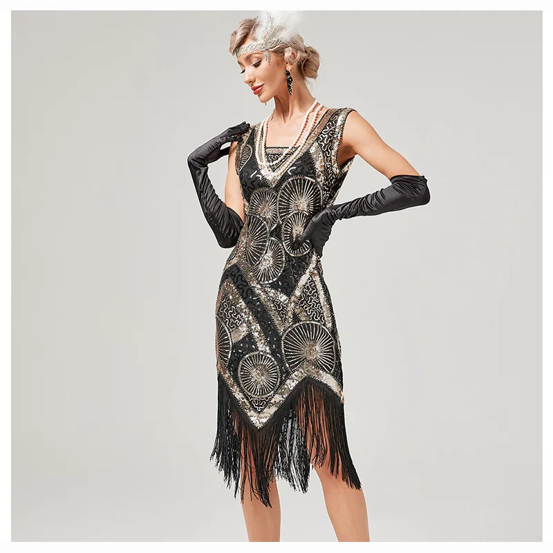 Vestito Stile Flapper Con Perline Dorate