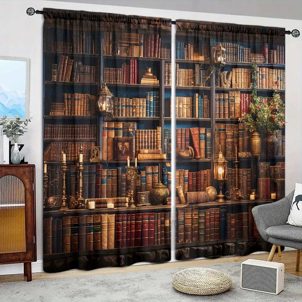2pcs-Middle-Ages-Bookcase-Printed-Curtain-for-Home-Decor-Rod-Pocket ...