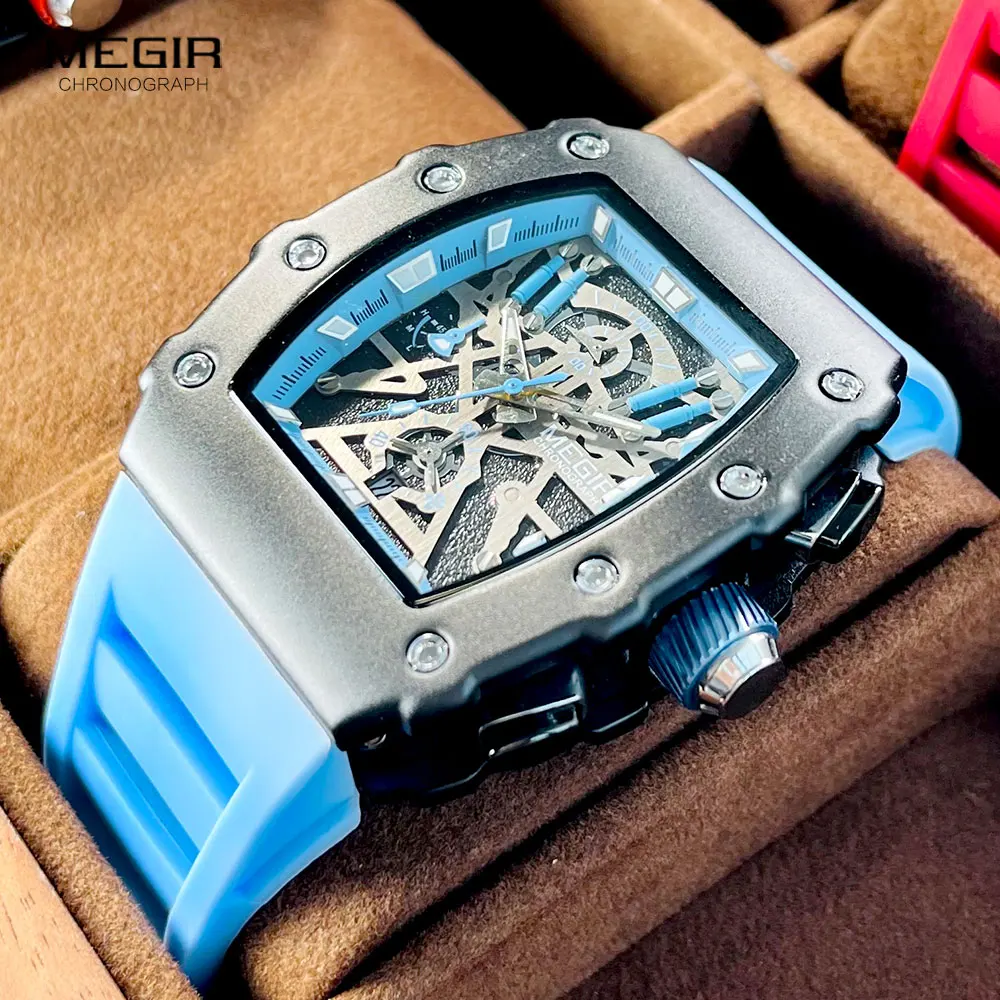 MEGIR Blue Watch Men Fashion Waterproof Lumious Tonneau Dial ...