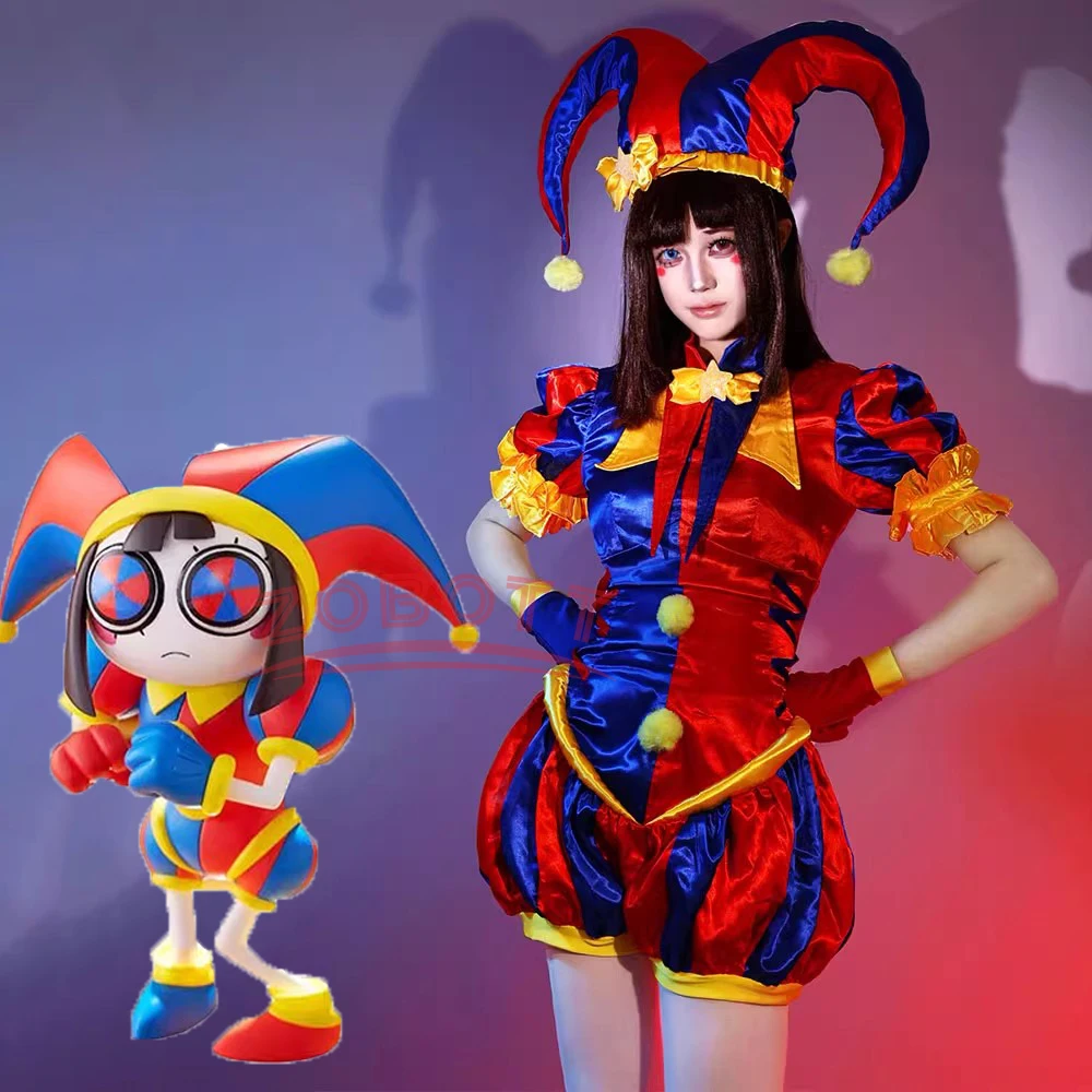 Clown Cosplay Costume Jester Jumpsuit Costume Blue Red Jumpsuit and Hat ...